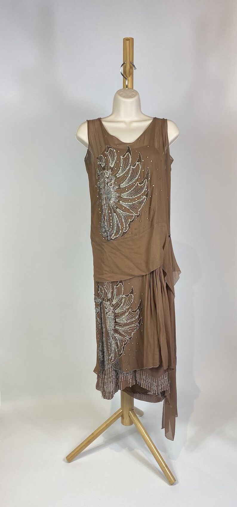 1920s Art Deco Tan Silk Chiffon Beaded Fringe Flapper Dress - Etsy