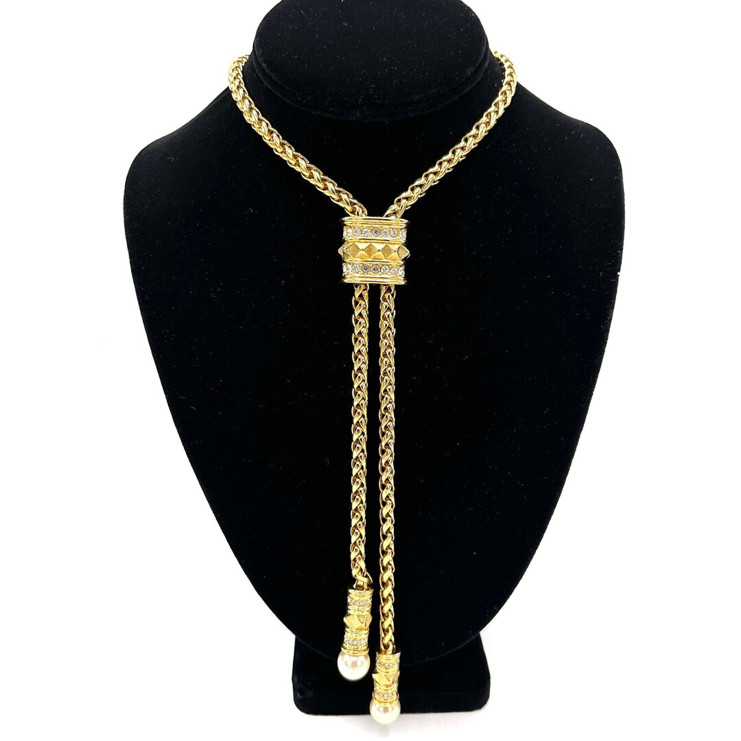 1980s 90s Sandra Miller Burrows Golden Rhinestone and Pearl Detail Bolo ...