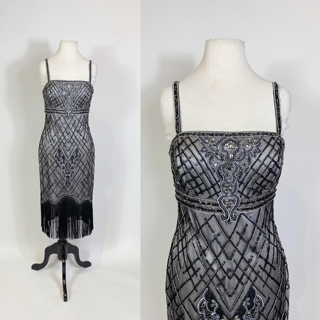 1990s Y2K Sue Wong Black Beaded Fringe Flapper Dress - Etsy