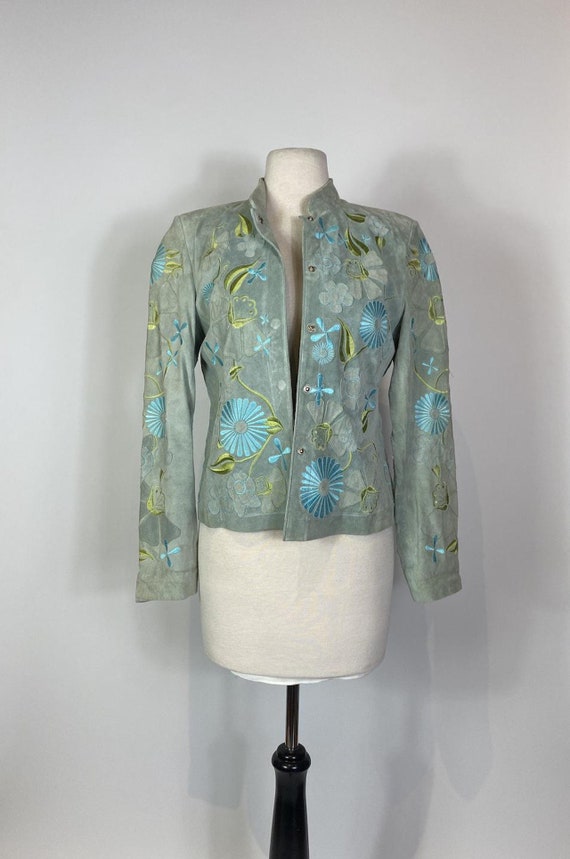 1990s - Y2K New Frontier Blue Suede Leather Floral Em… - Gem