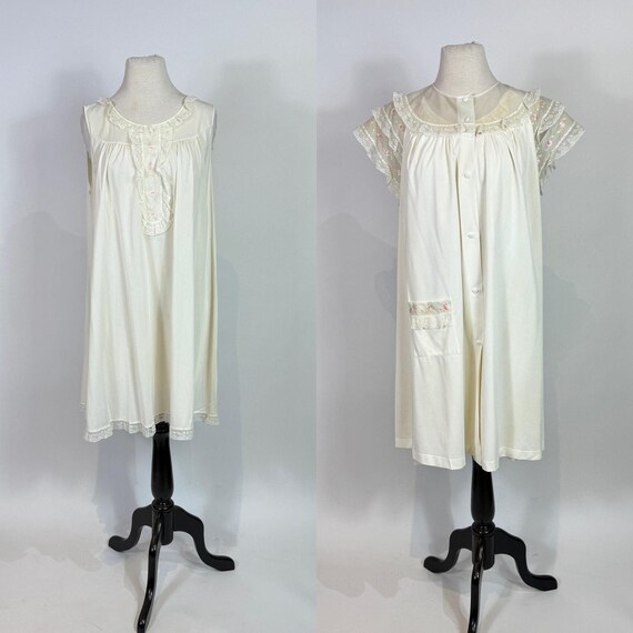 1960s Shadowline White Floral Nylon Peignoir Robe and… - Gem