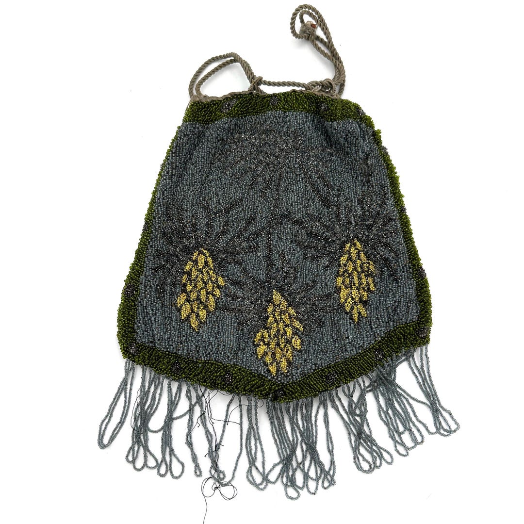 1920s Blue and Green Micro Beaded Floral Drawstring Jumbo Dancing Purse ...