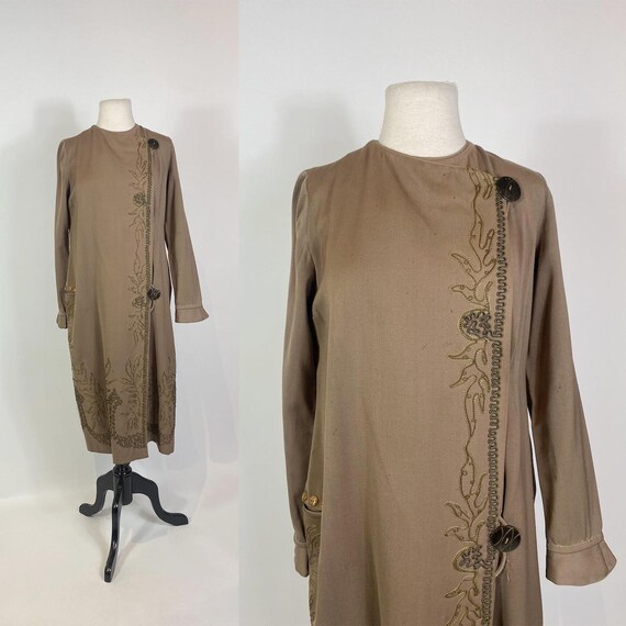1920s Brown Wool Embroidered Duster Jacket - Gem