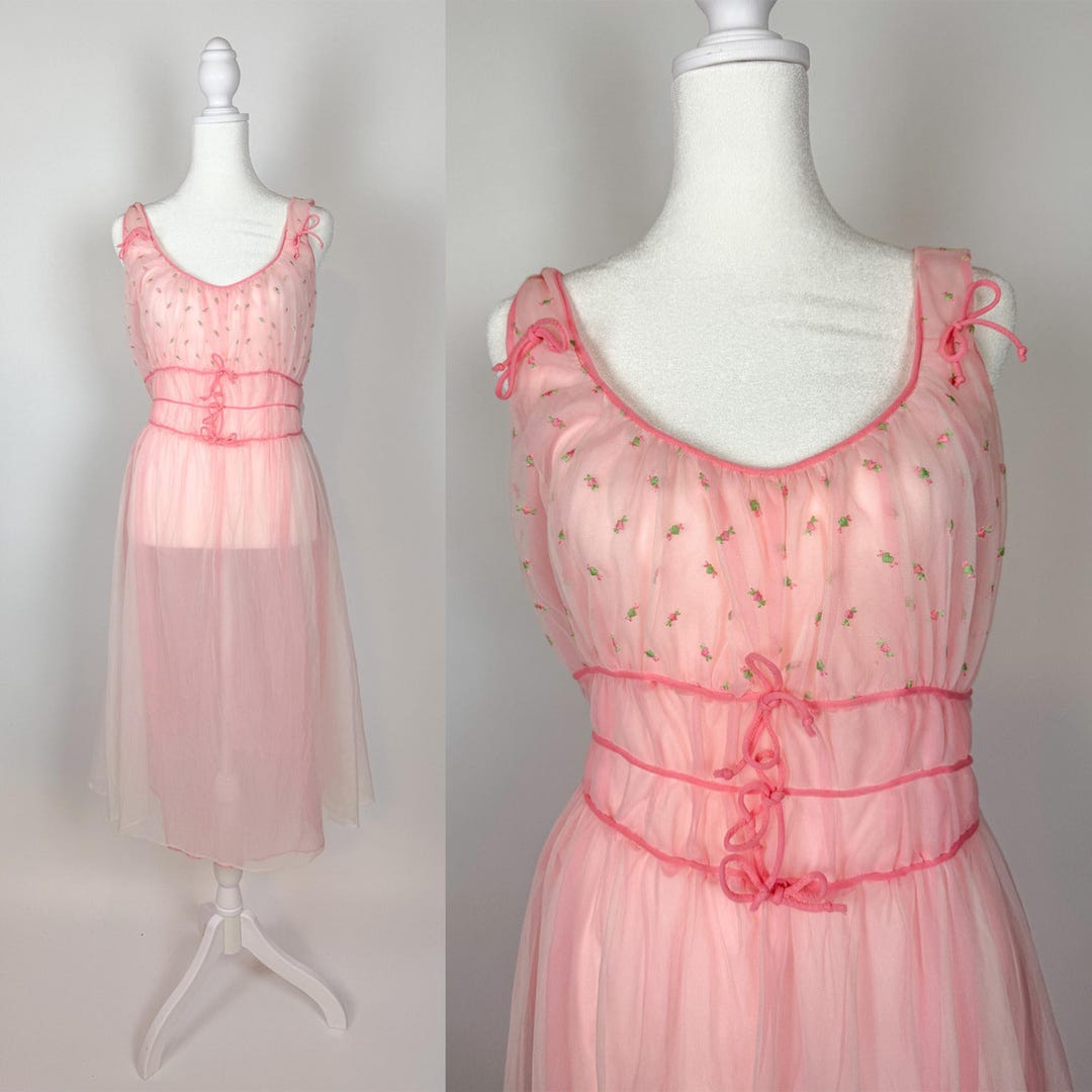 1950s Miss Siren Pink Chiffon Heart Embroidered Slip Dress - Etsy