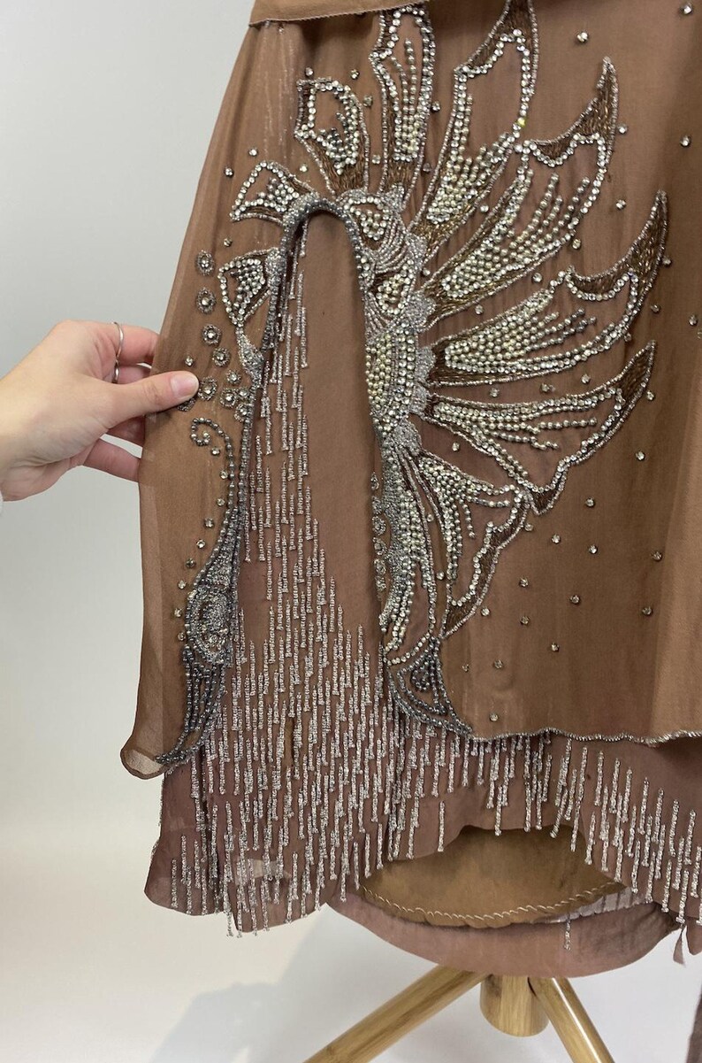 1920s Art Deco Tan Silk Chiffon Beaded Fringe Flapper Dress - Etsy