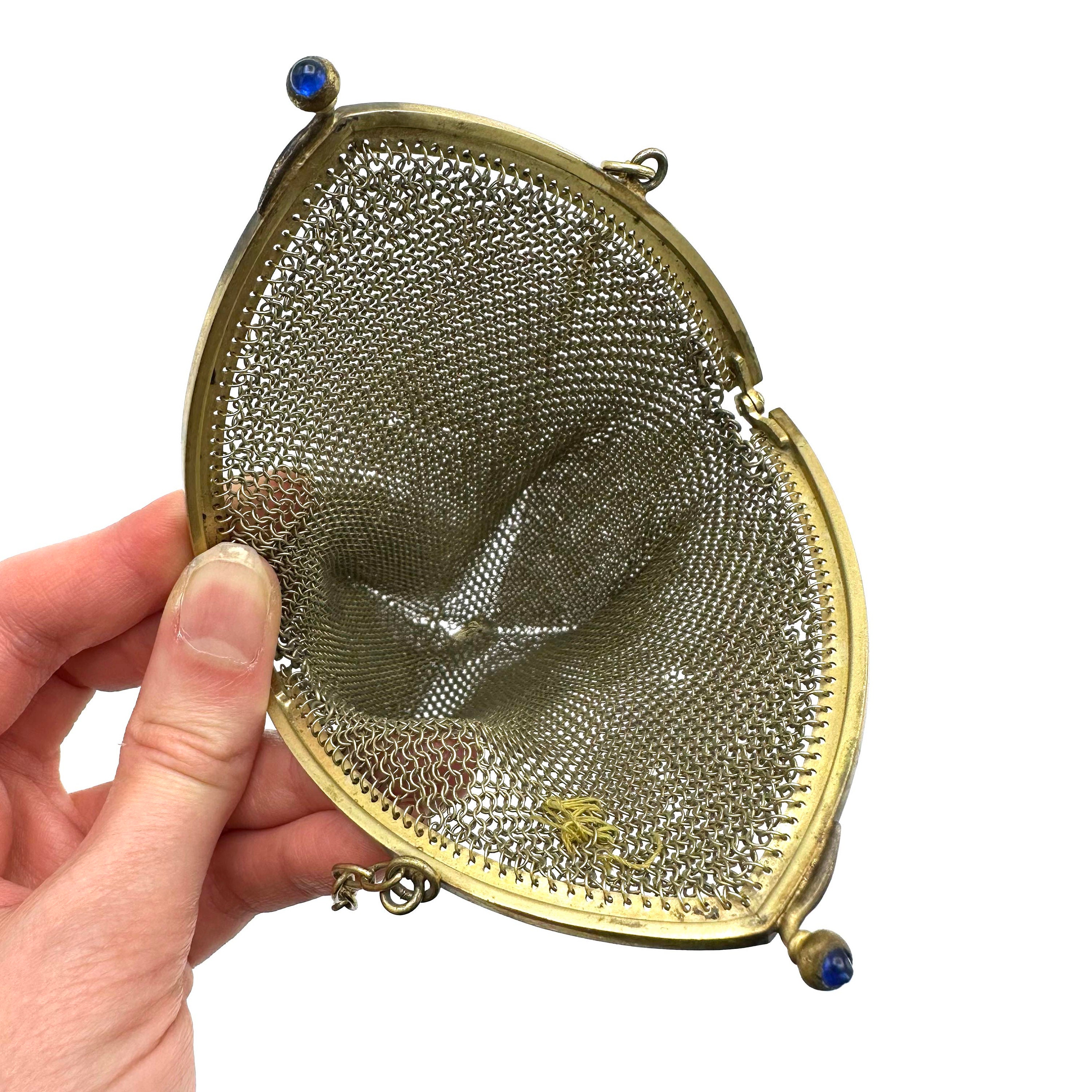 Victorian Metal Mesh Sapphire Kiss Lock Clasp Tassel Detail Chain ...