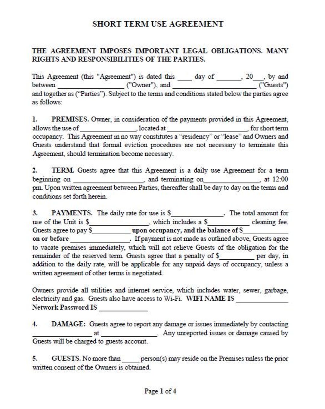 SHORT TERM USE Agreement for Temporary Residential Property Use or ...