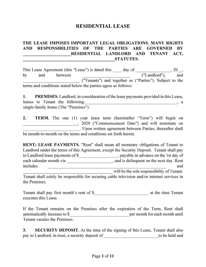 Residential Lease Rent Document Legal House Apartment Lease Landlord ...