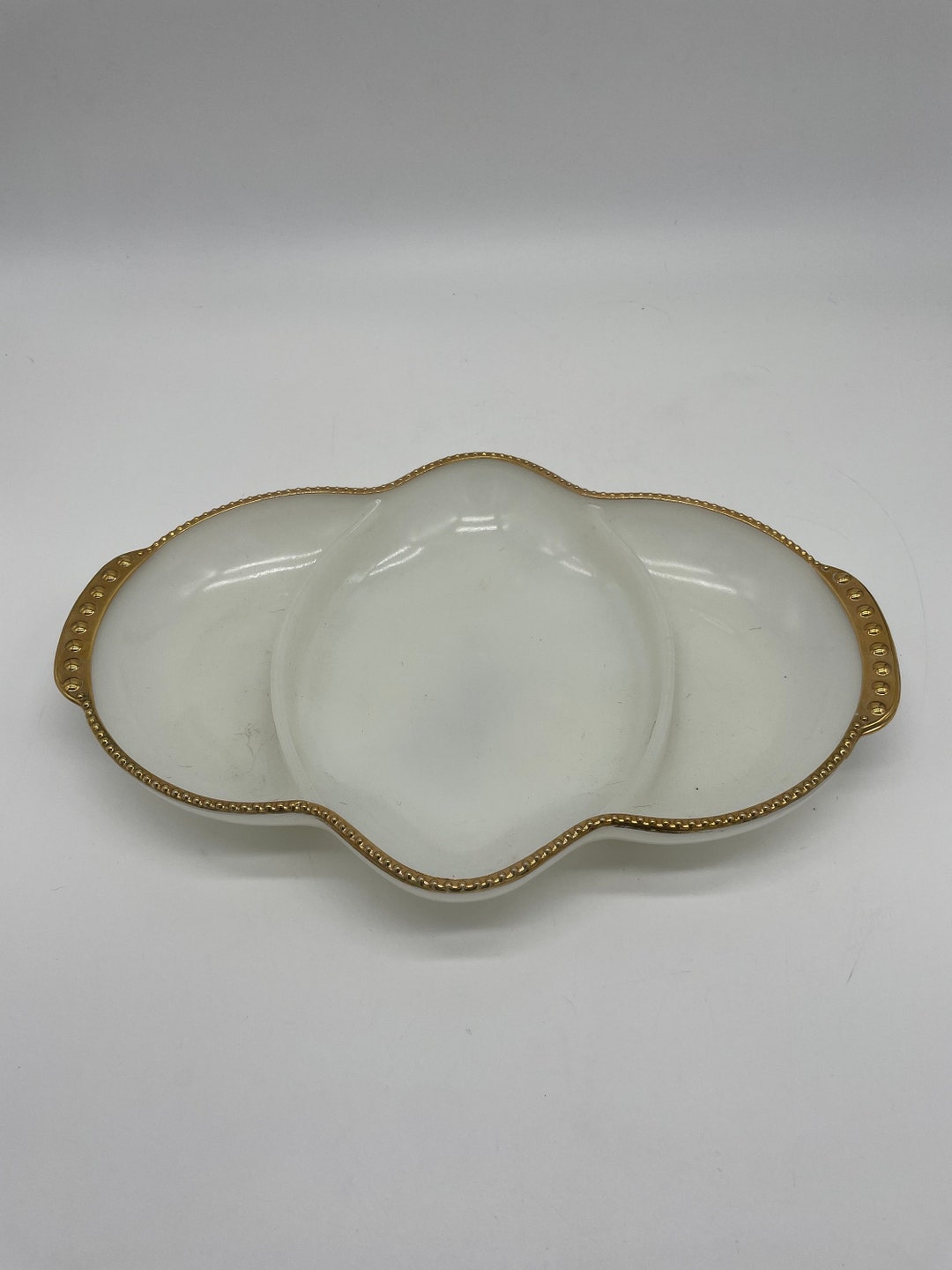 Vintage Milk Glass Relish White 24k Gold Trim Dish Plate Anchor Hocking ...