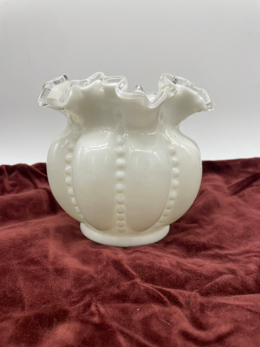 Fenton Beaded Melon Silver Crest Vase, 3 3/4 Inches Tall, Vintage Milk ...