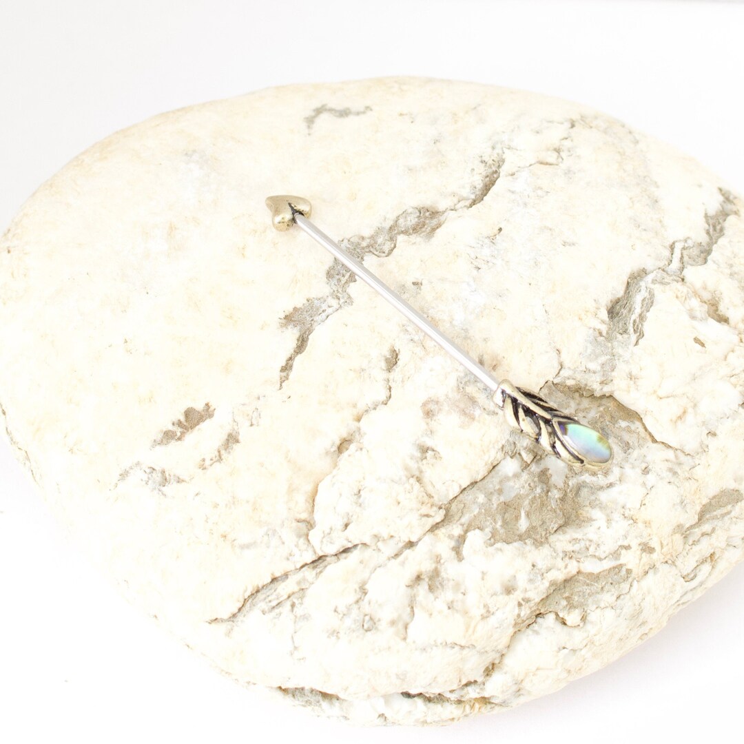 Abalone Feather and Heart Industrial Bar, Surgical Steel, Goldplating ...