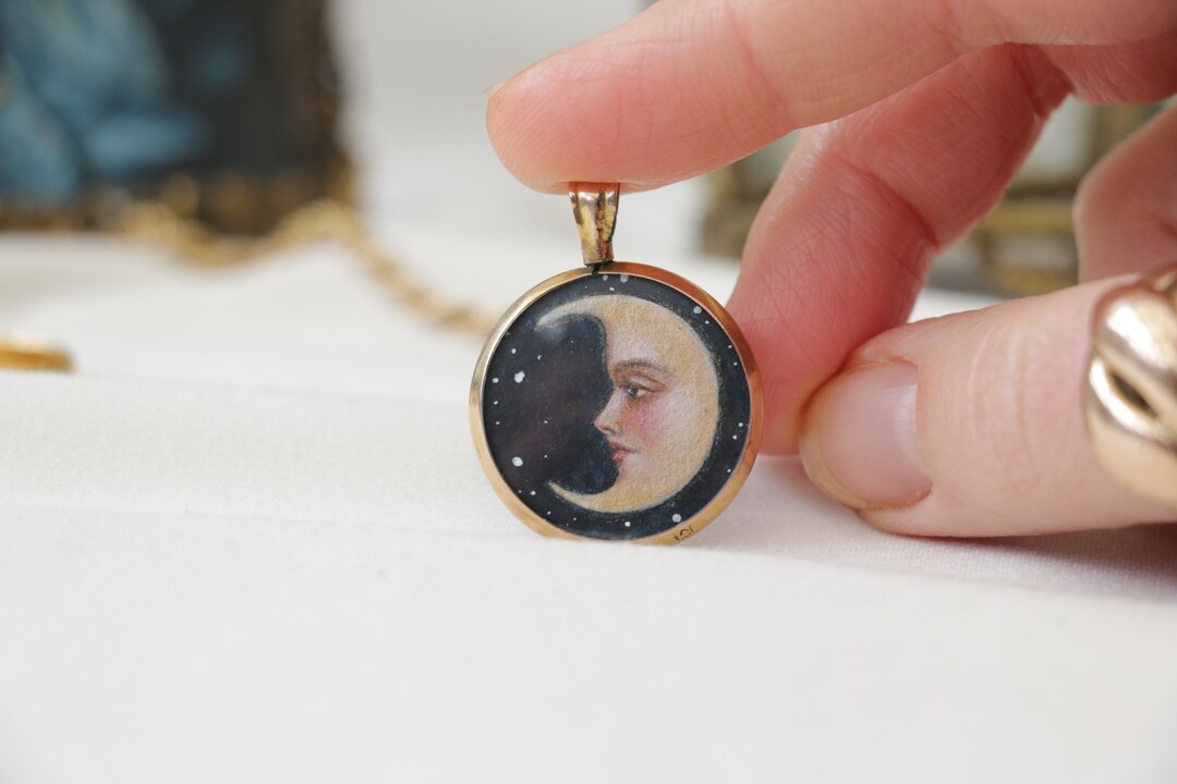 Antique 9ct Gold Locket Woman in the Moon Painted by Irene Owens - Etsy
