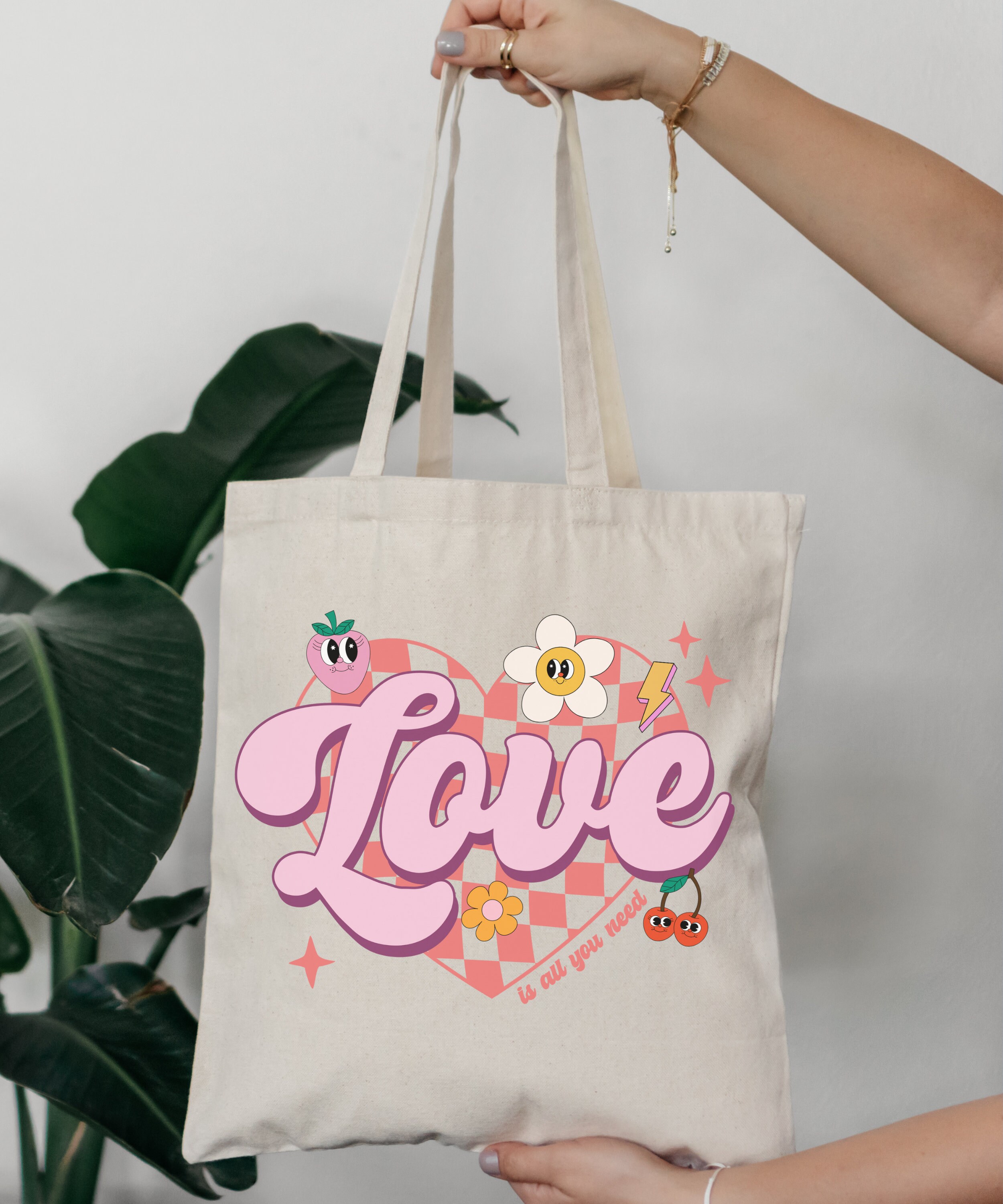 Love is All You Need Retro Checker Heart Valentine Tote Bag Boho ...