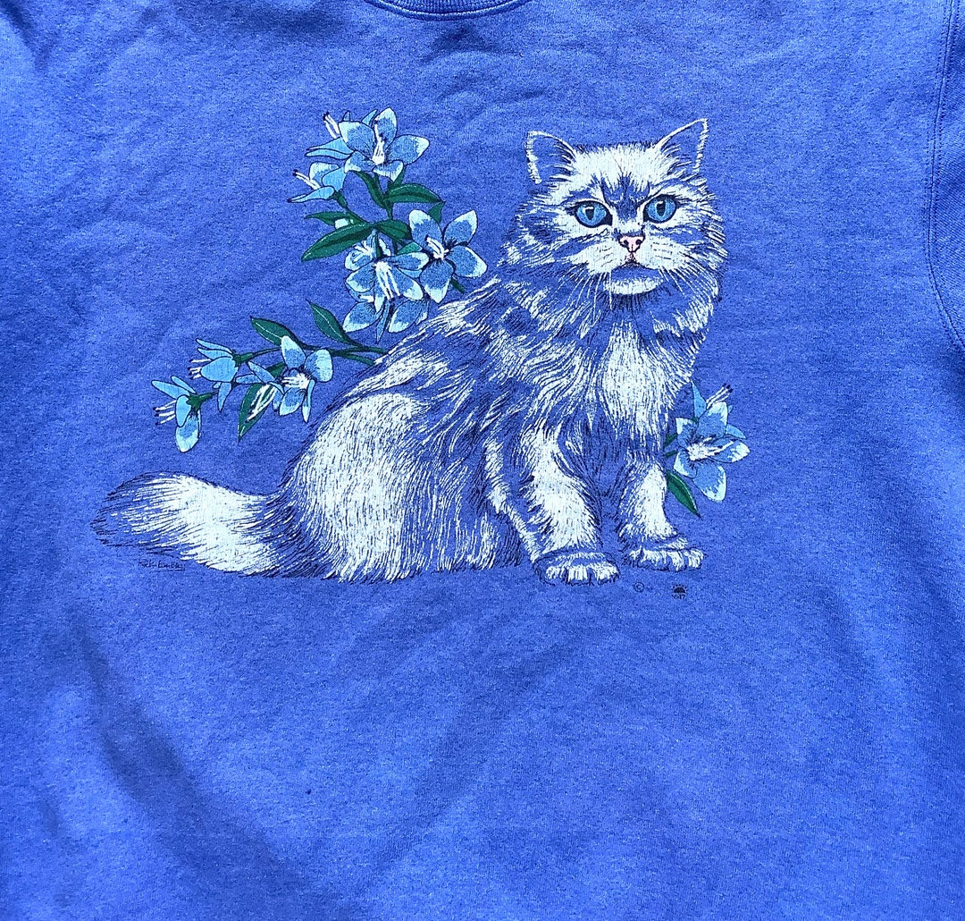 Vtg 80s 90s Adorable Fluffy Cat Sweatshirt Flowers Worn Faded ...