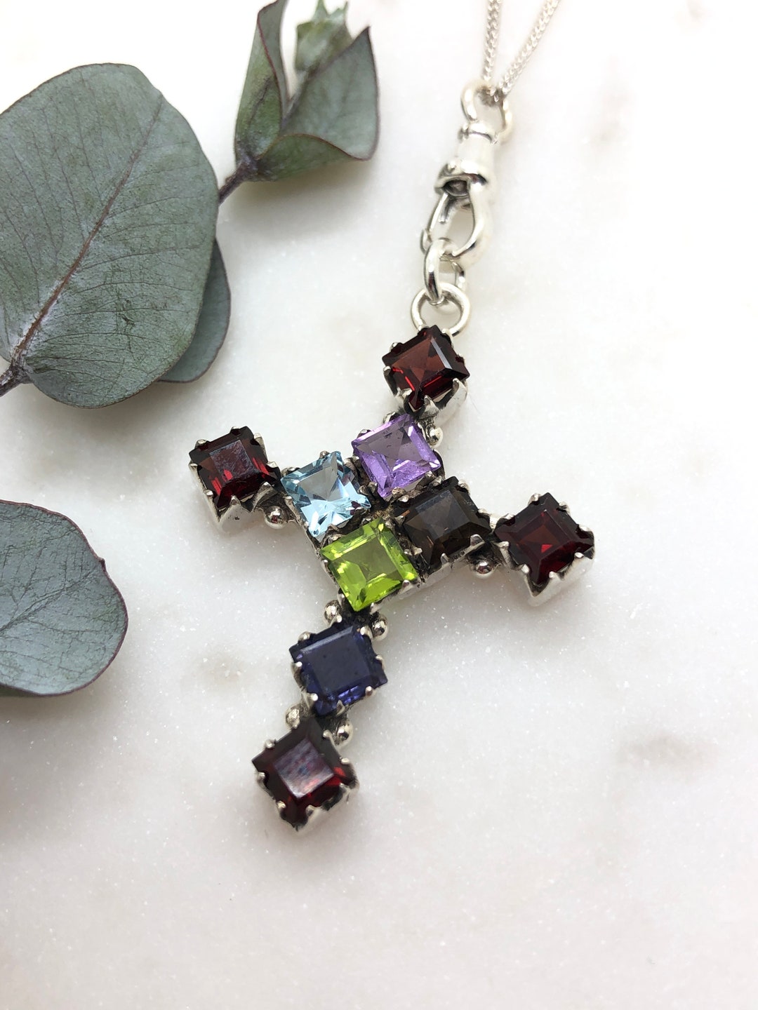 Sterling Silver Multi Stone Cross Pendant Necklace - Etsy