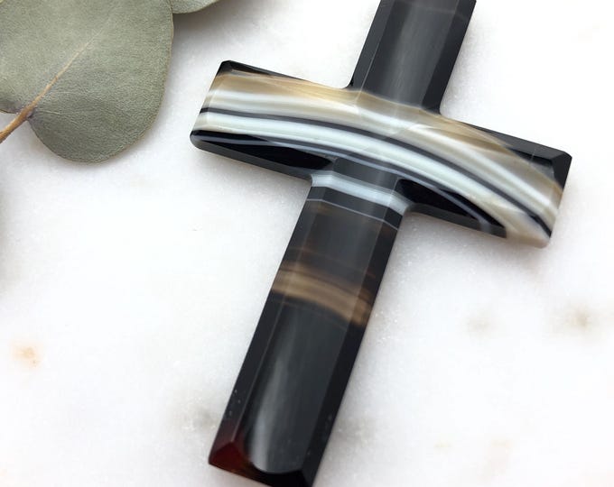 Very Large Antique Victorian Carved Banded Agate Cross Pendant Necklace ...