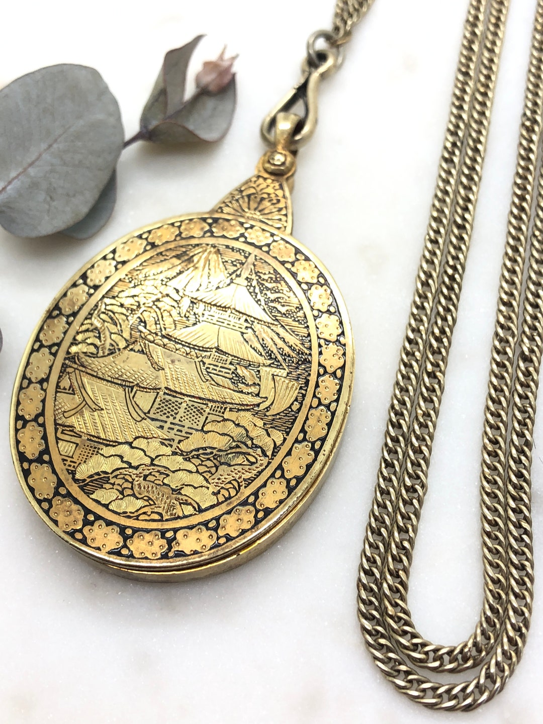 Antique Large Slide Mirror Locket Pendant on Long Guard Muff Chain - Etsy