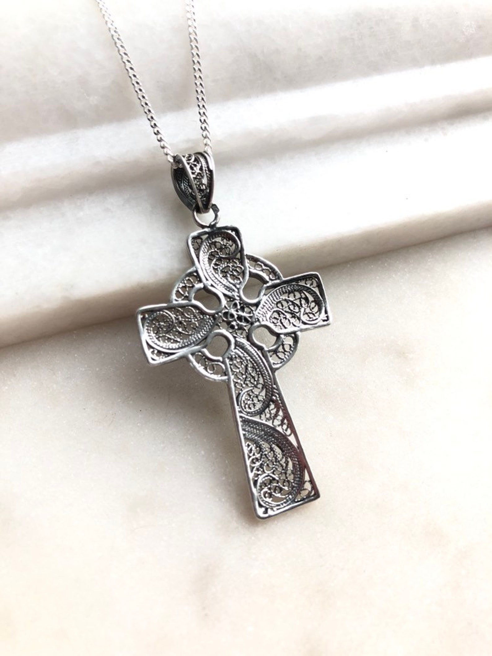 Vintage Sterling Silver Filigree Cross Pendant Necklace - Etsy
