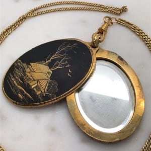 Antique Large Slide Mirror Locket Pendant on Long Guard Chain - Etsy