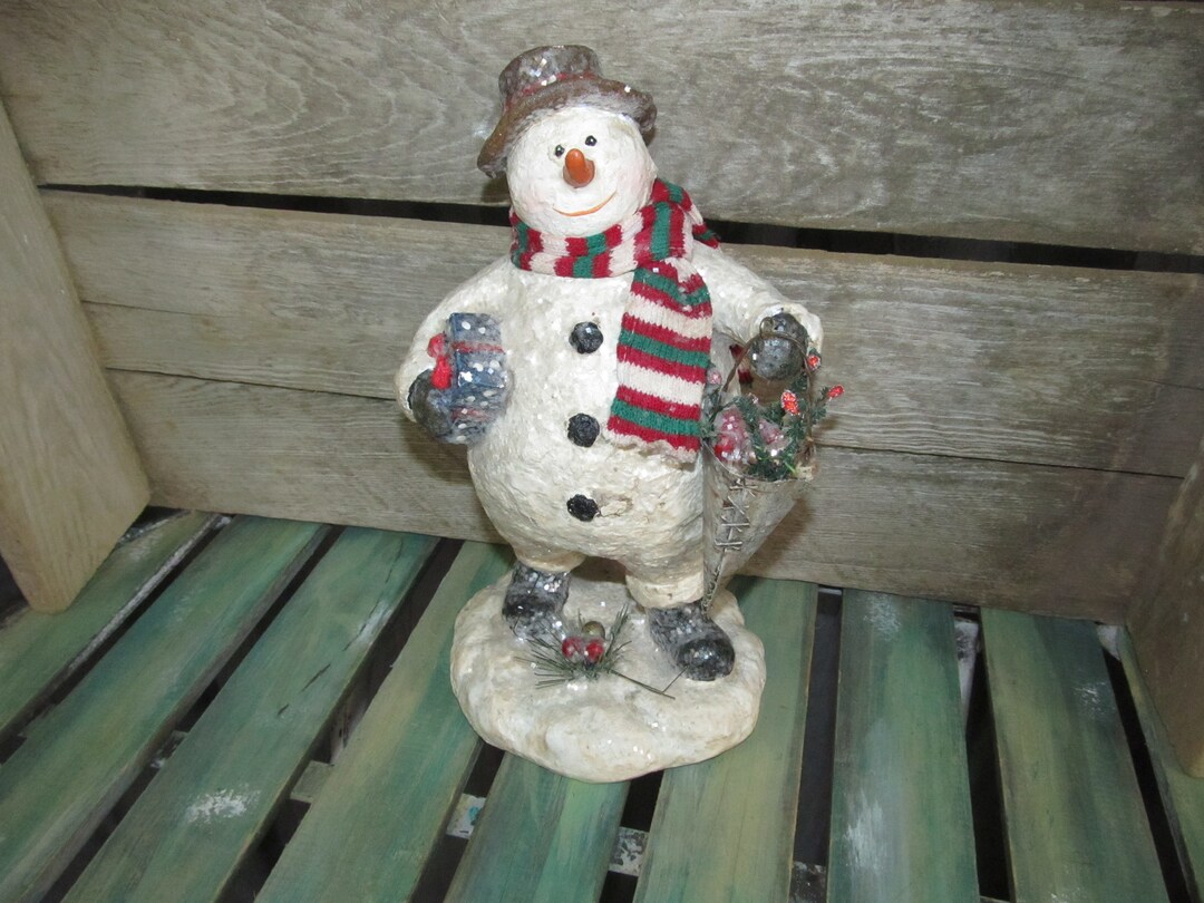 Vintage Primitive Glitter Snowflake Snowman Figure Hat & Scarf Carrying ...