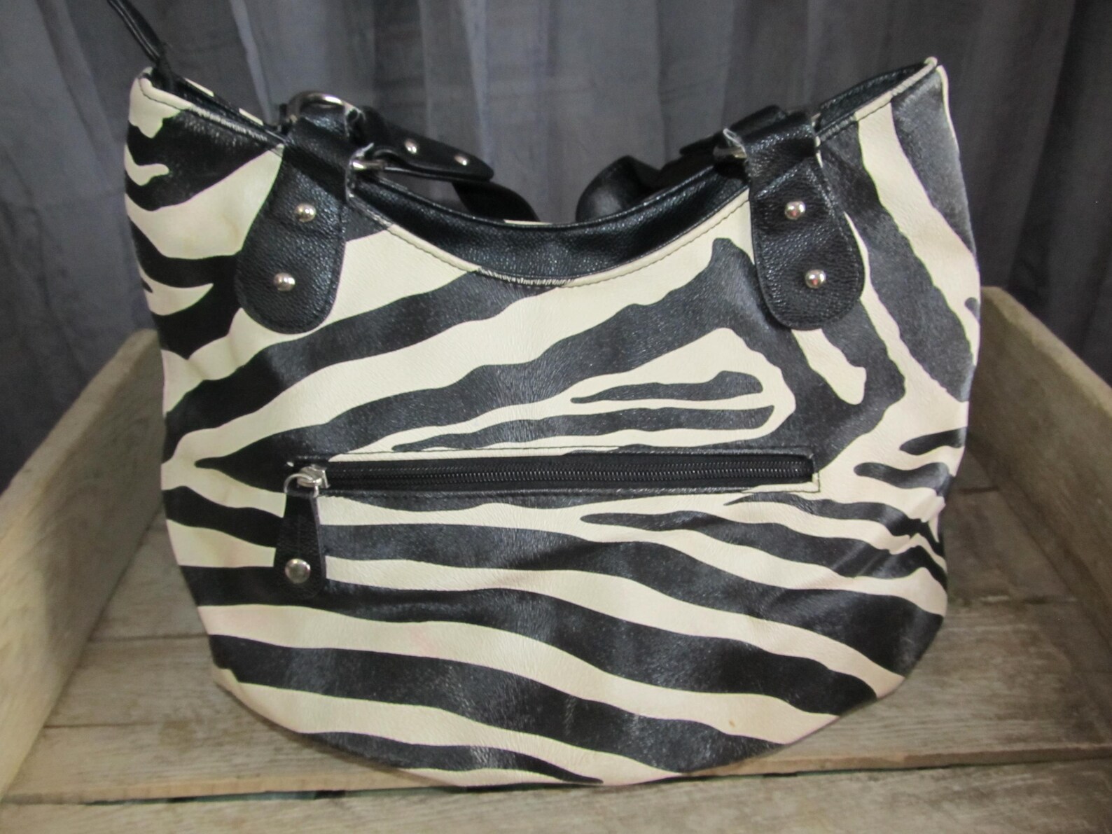 Vintage Zebra Print Bling Crystal Peace Sign Handbag Purse Medium ...