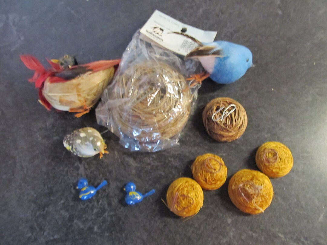 Vintage Miniature Bird Nests & Miniature Spun Cotton Birds / Tiny ...