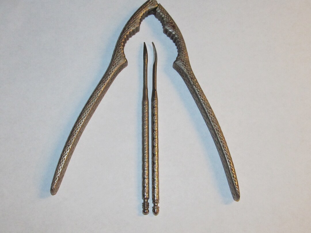 Vintage Unmarked Hand Held Metal Nutcracker Tool & 2 Nut Picks Unusual ...