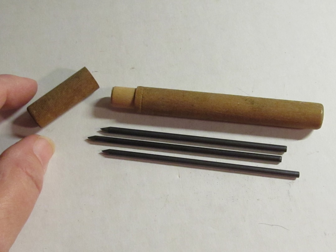 Vintage Wood Wooden Lead Refill Tube 4 3/4" With 3 Extra Thick Black ...