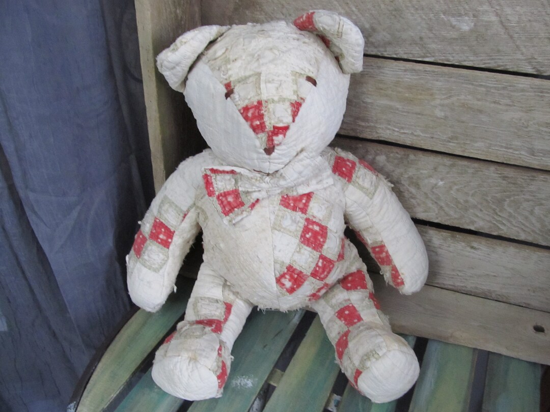Vintage /antique Handcrafted Patchwork Quilt Teddy Bear 18" Tall Standing/13" Sitting Red ...