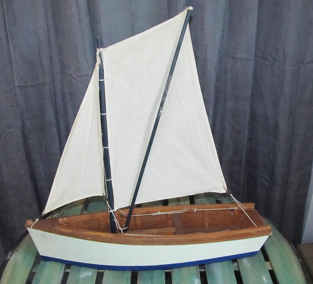 Vintage Wooden Model Sailboat With Cloth Sails 18 1/2 Long 18 1/2 Tall ...