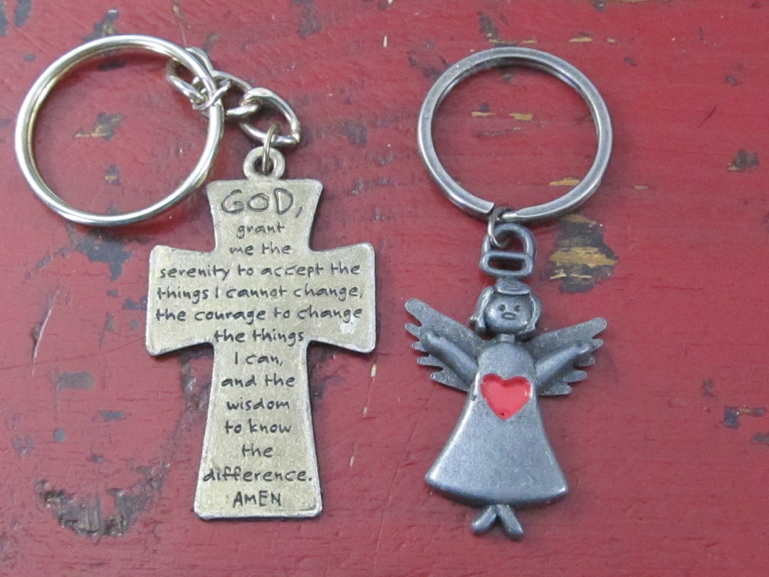2 Vintage Keyrings / Pewter Red Heart Angel & Serenity Prayer Cross ...
