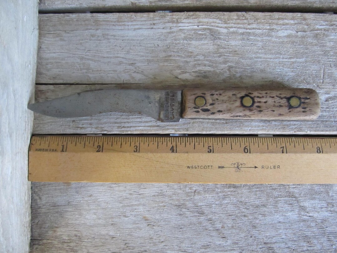 Vintage Crucible Hi Carbon Fixed Blade Hunting Knife Brass Riveted Wood ...
