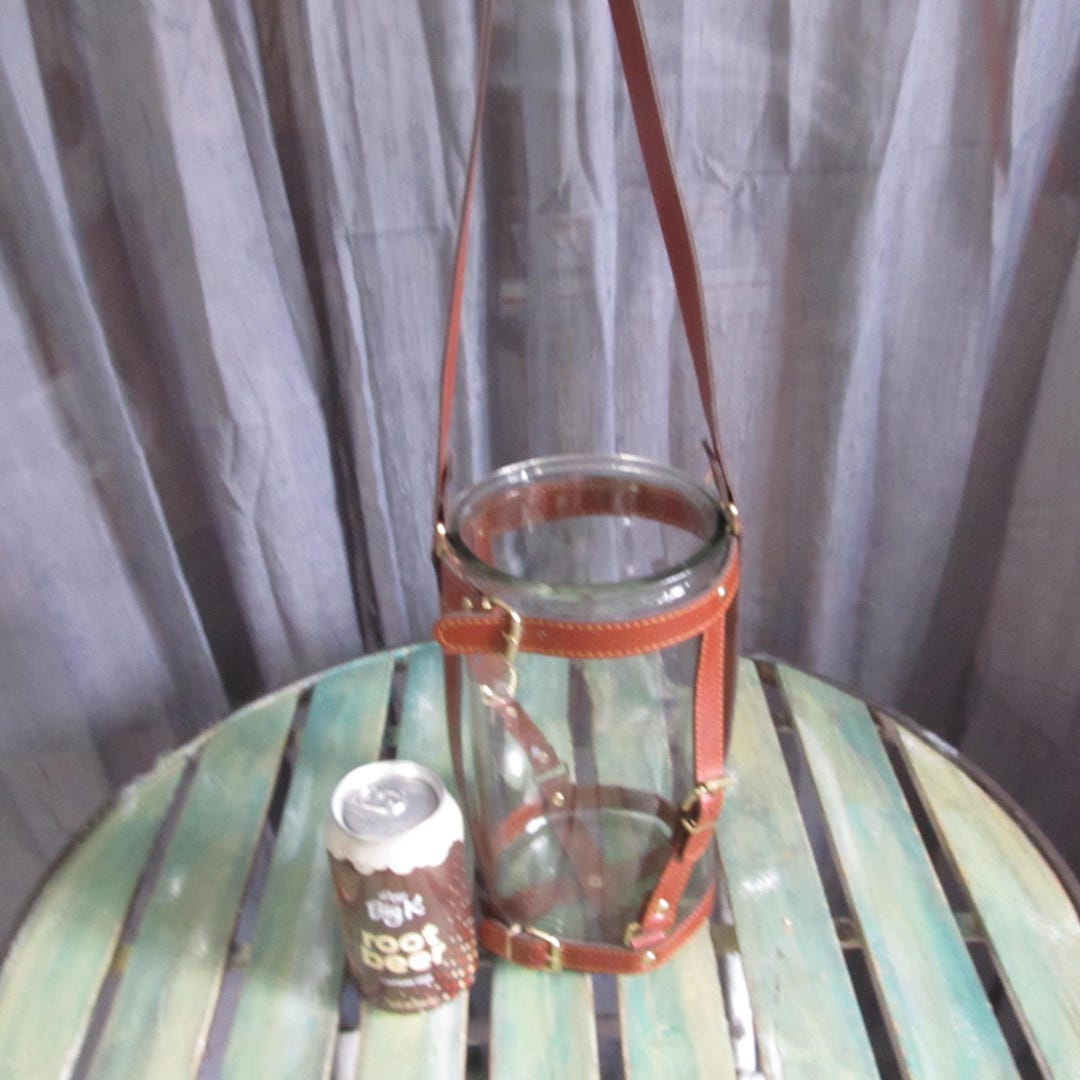 Vintage Glass Portable Candle Lantern Holder Faux Leather Harness ...