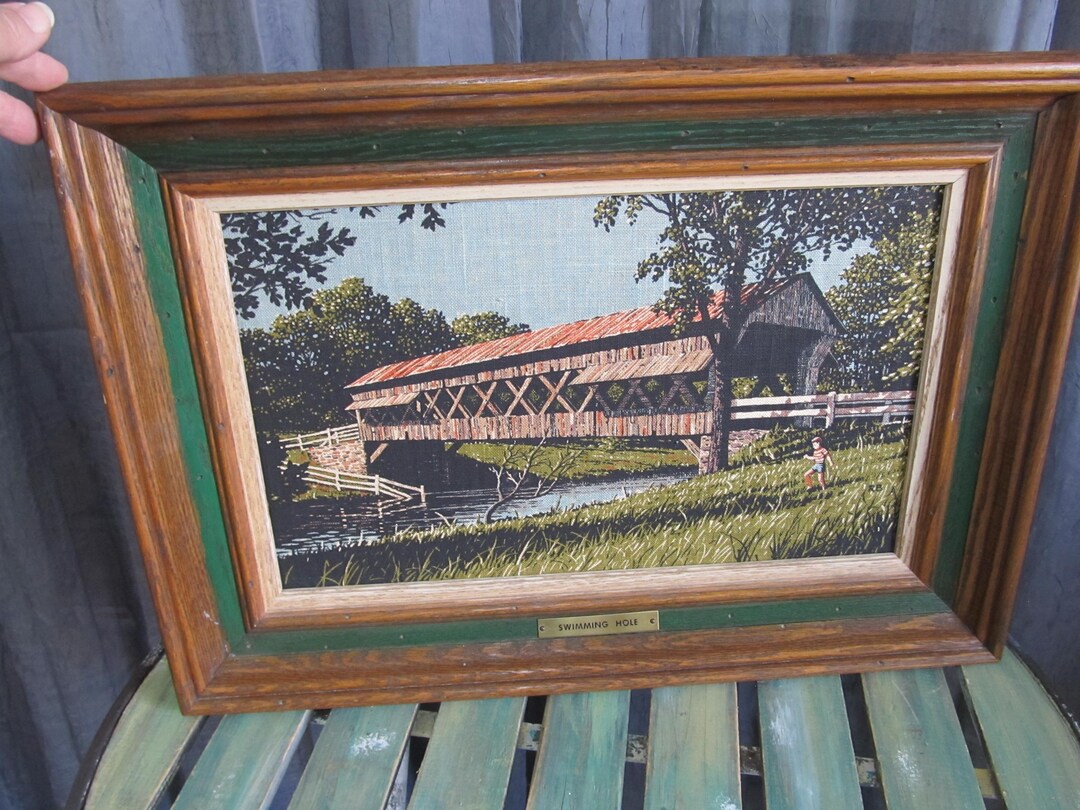 Vintage Wood Framed Kay Dee Linen Handprints Framed Art "swimming Hole ...