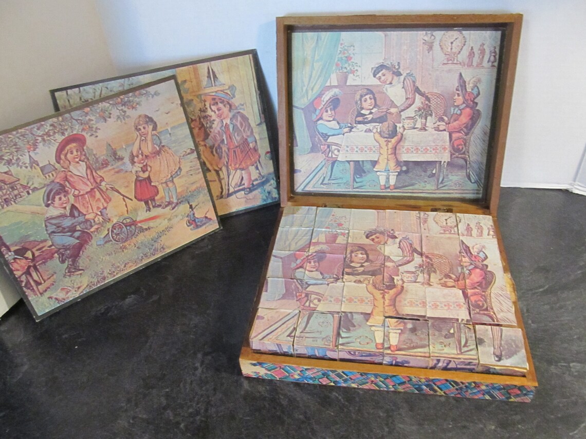 Vintage Paper Lithograph on Wood Block Puzzle Set with Cards | Etsy
