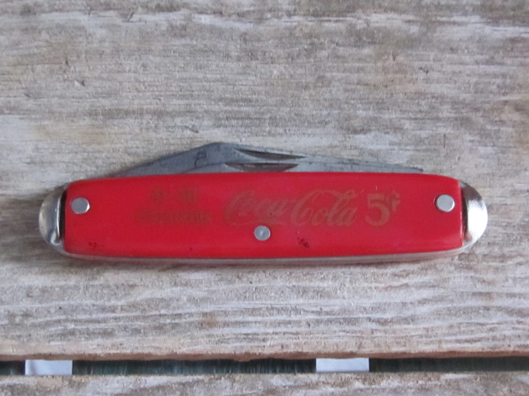 Vintage "at All Fountains Coca-cola 5c" Gold Script on Red - 2 Blade ...