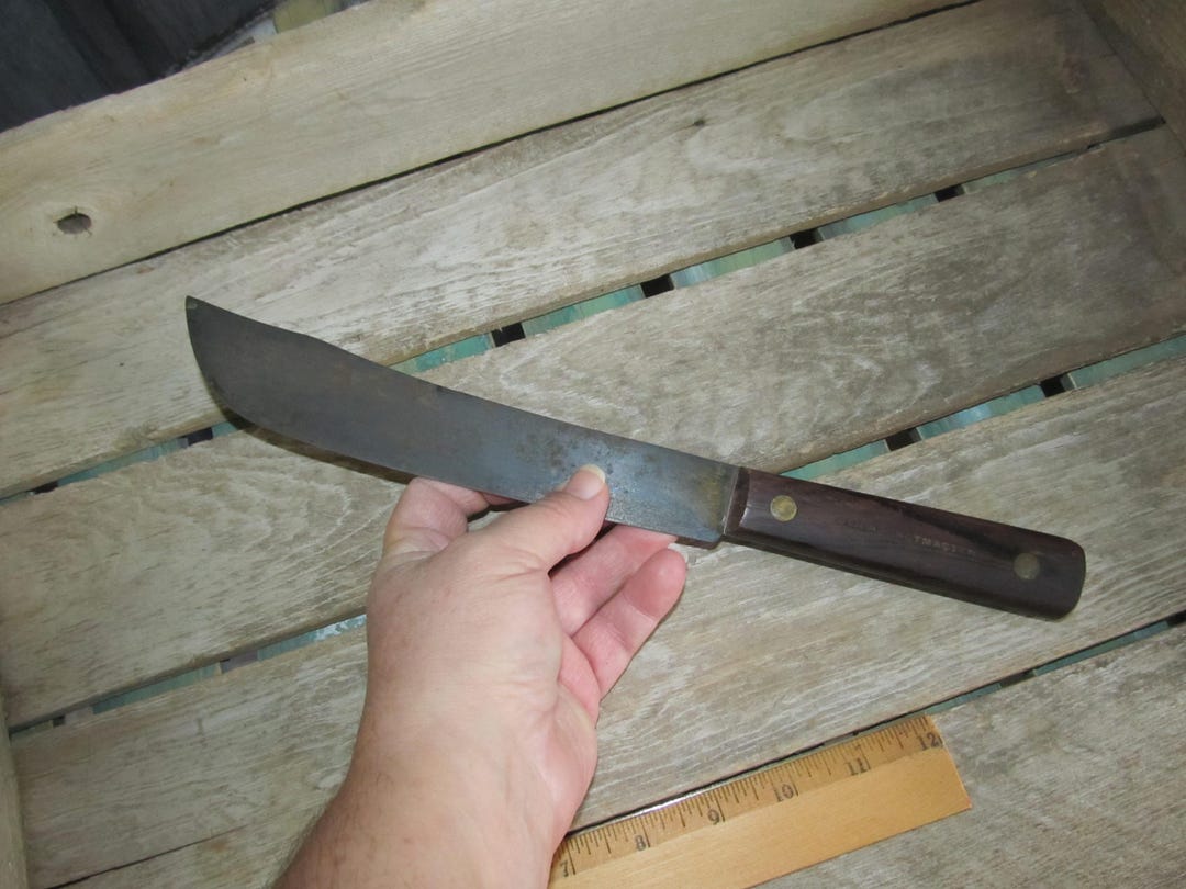 Vintage Utica Kutmaster Butcher Knife 2 Brass Pin Wood Handle 12 3/4 ...