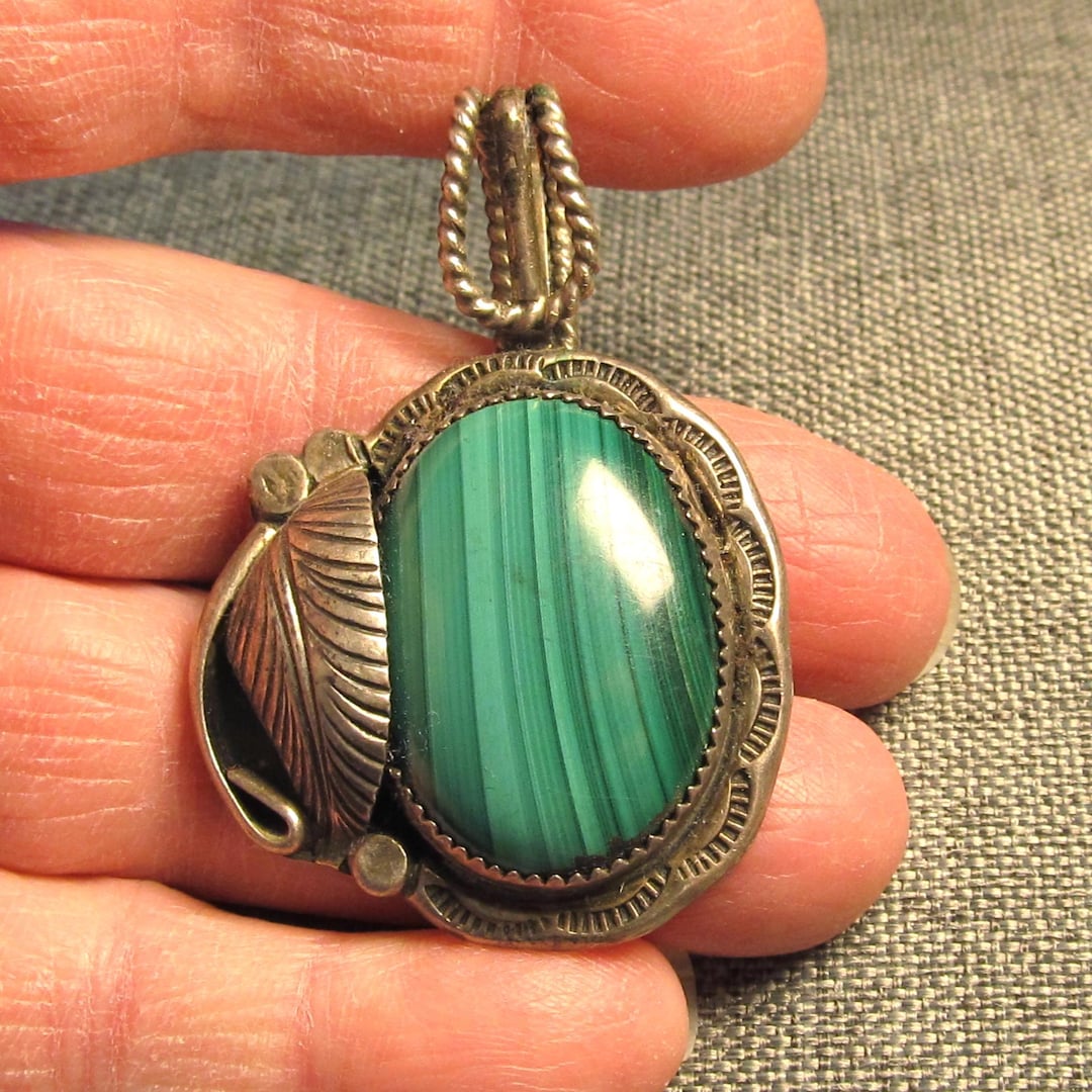 Vintage Silver & Green Malachite Pendant Southwest Native American ...