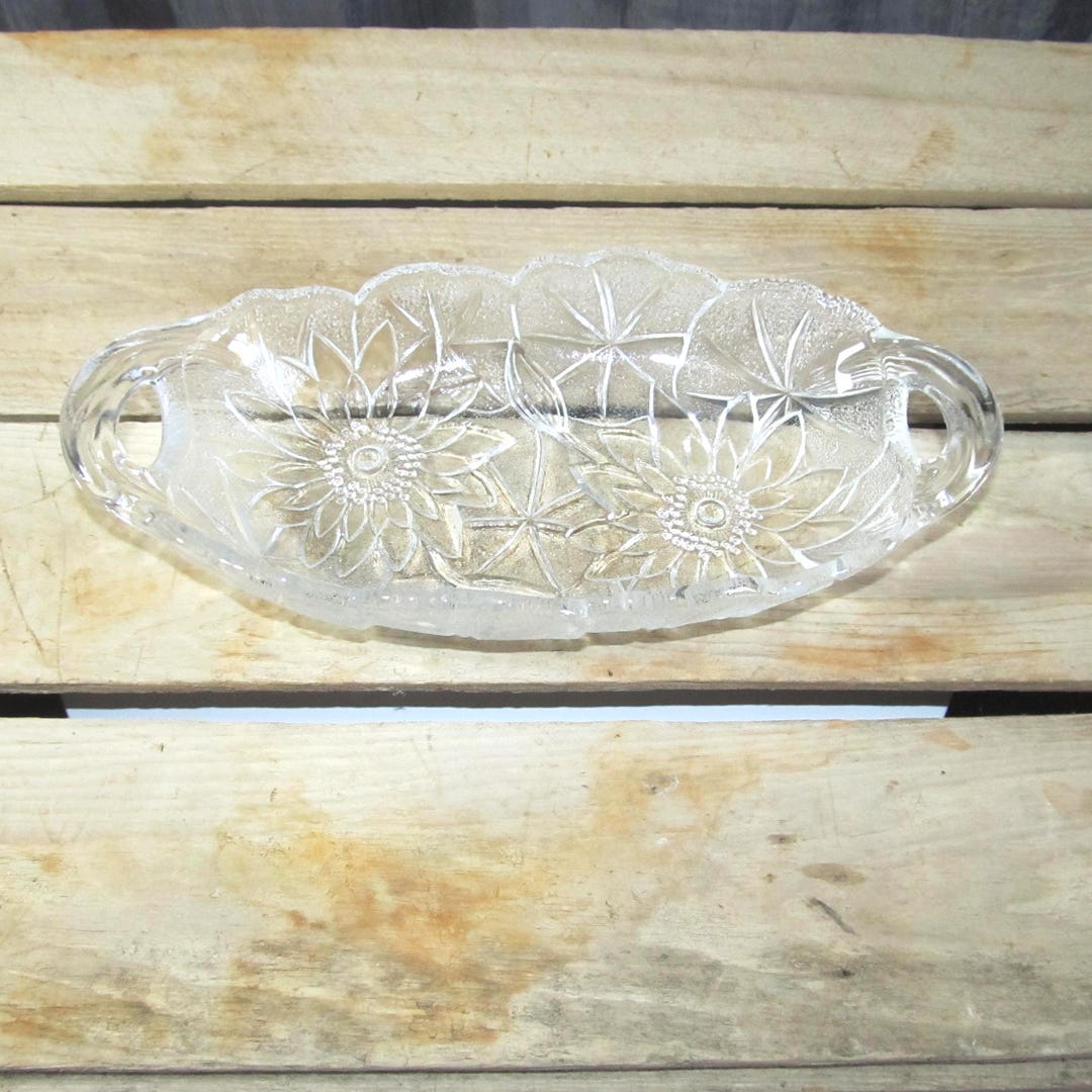 Vintage Indiana Glass - Clear Embossed Sunflowers Double Handle Candy ...