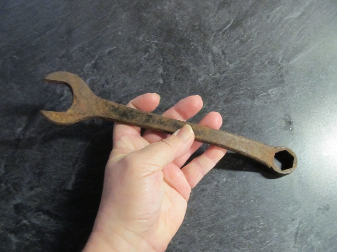 Vintage Old Solid Heavy Cast Iron Curved Combination Wrench Stamped W ...