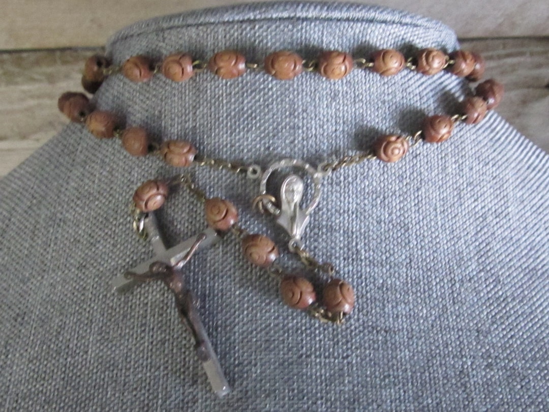 Vintage Italian Carved Wooden Beaded Catholic INRI Crucifix Bronze ...