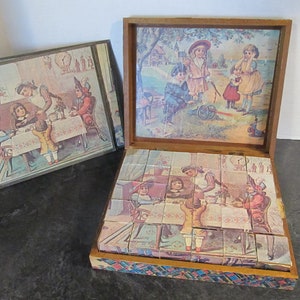 Vintage Paper Lithograph on Wood Block Puzzle Set with Cards | Etsy