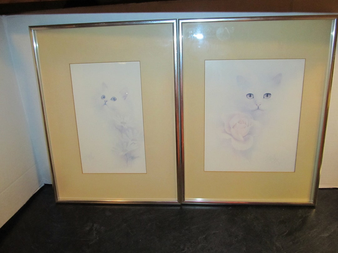2 Vintage Framed Bob Harrison White Cats / Kittens Prints - Etsy
