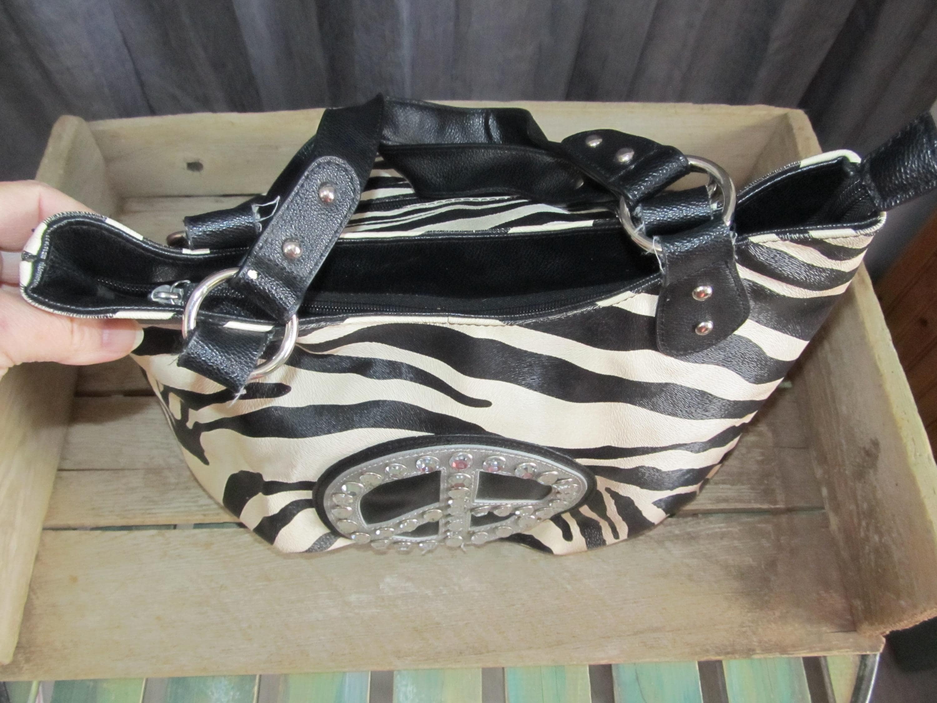 Vintage Zebra Print Bling Crystal Peace Sign Handbag Purse Medium ...