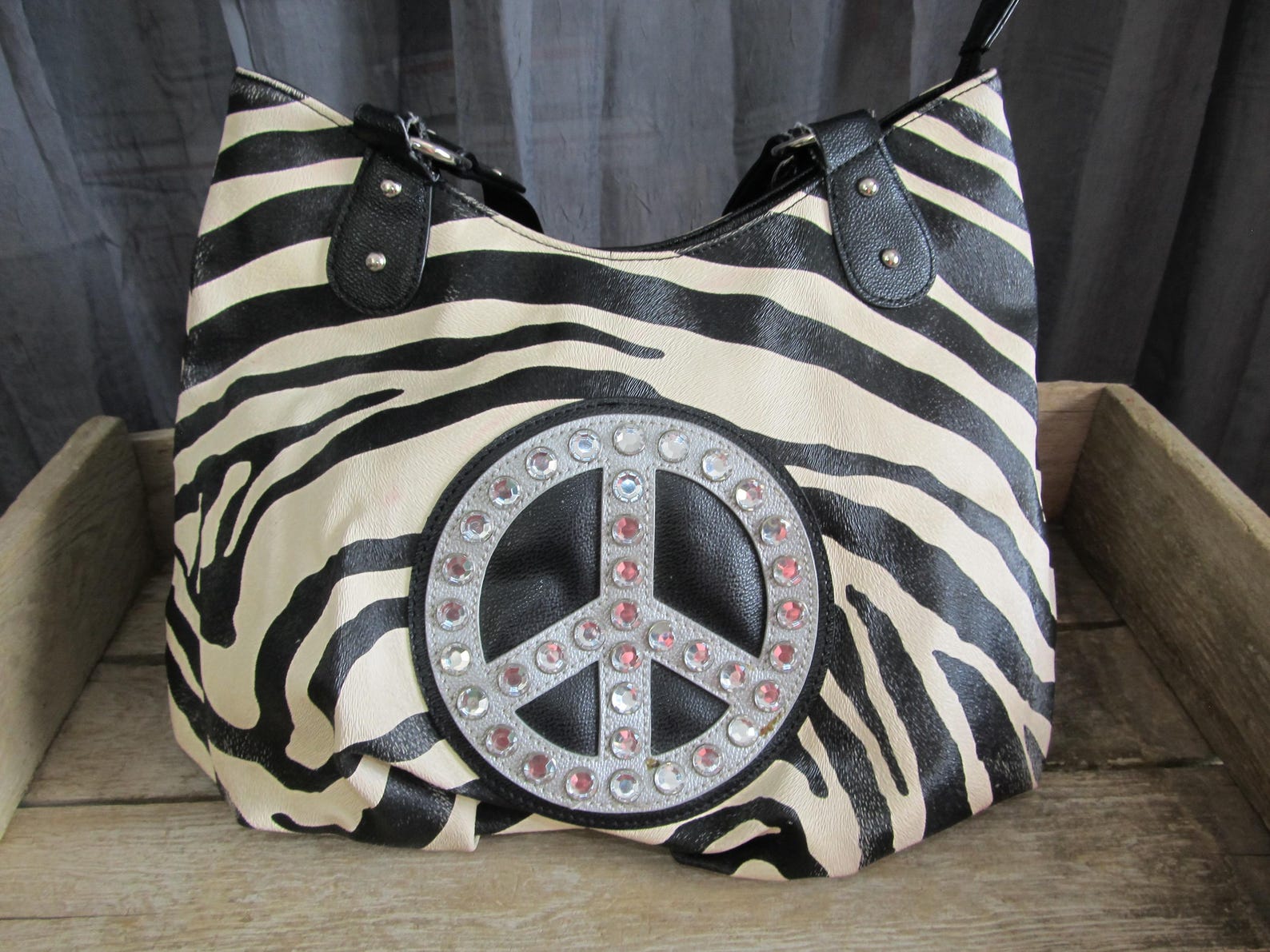 Vintage Zebra Print Bling Crystal Peace Sign Handbag Purse Medium ...