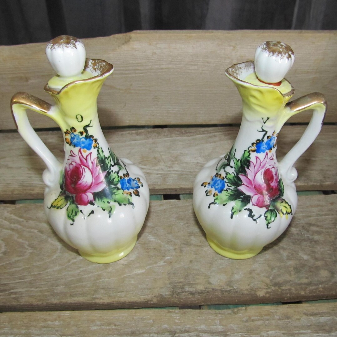 Vintage Pair Handpainted Vinegar & Oil Cruets Pink Blue Floral ...