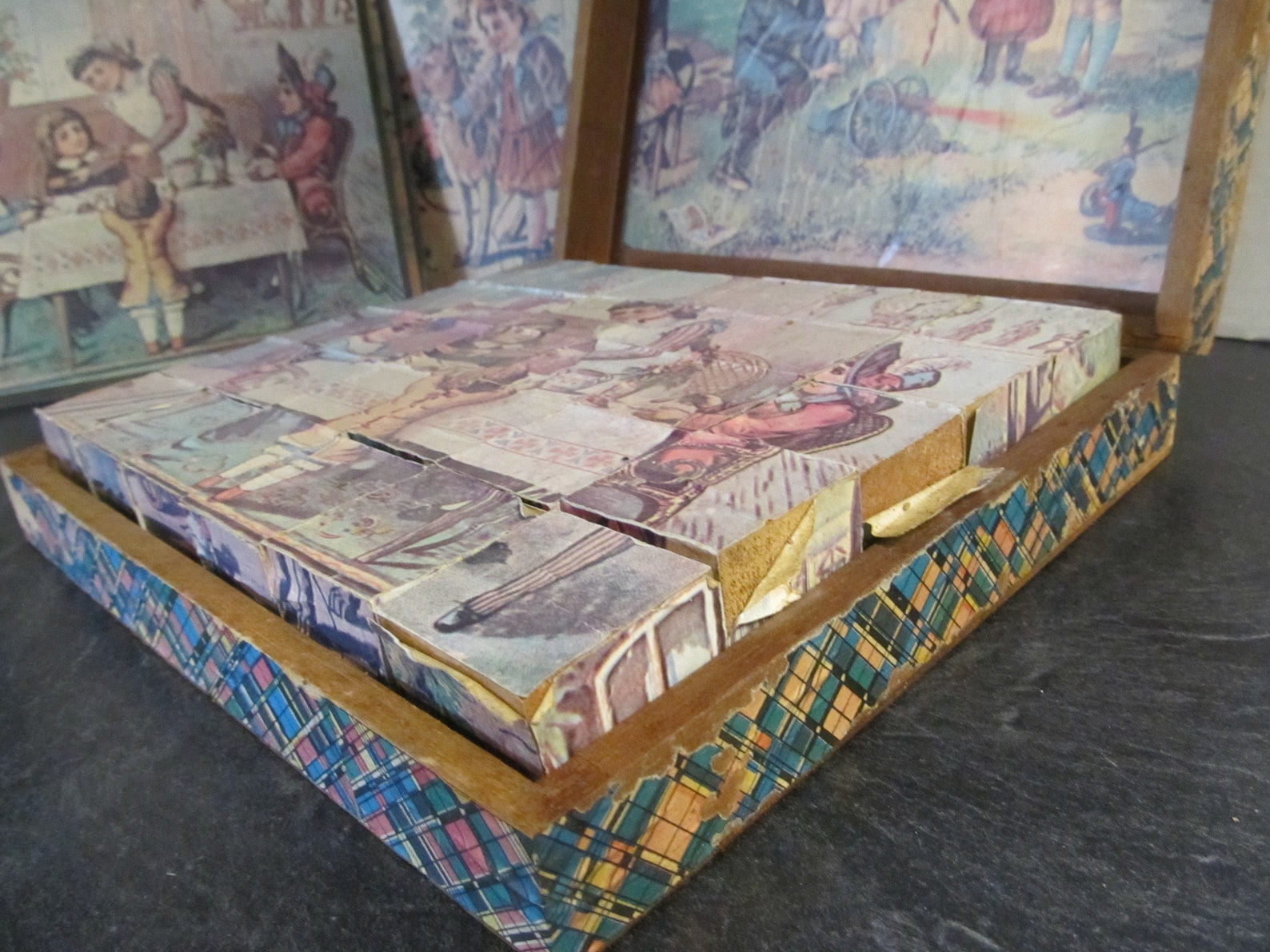 Vintage Paper Lithograph on Wood Block Puzzle Set with Cards | Etsy