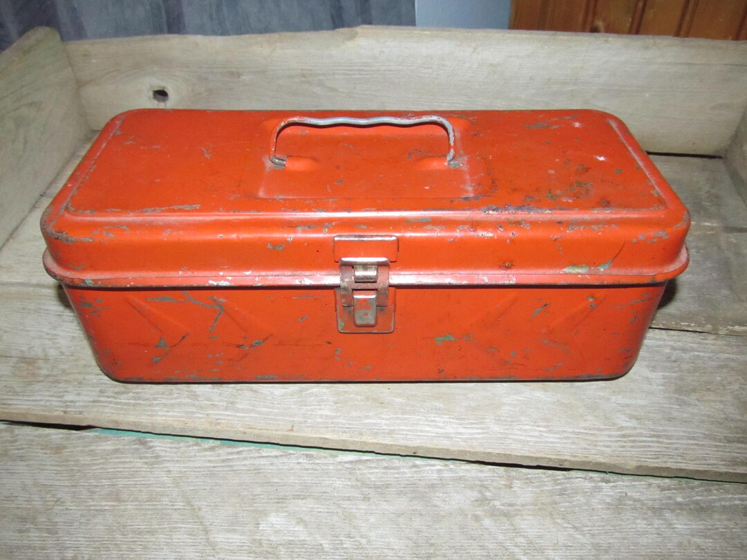 Vintage Metal Fishing Tackle Box NO Tray / Bright Orange Red Toolbox 11 ...