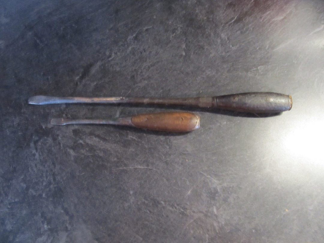 2 Antique Riveted Split Wood Inlay Solid Steel Flat Head Slotted ...