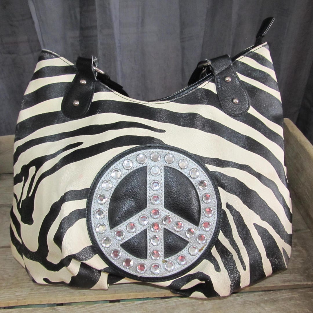 Vintage Zebra Print Bling Crystal Peace Sign Handbag Purse Medium ...